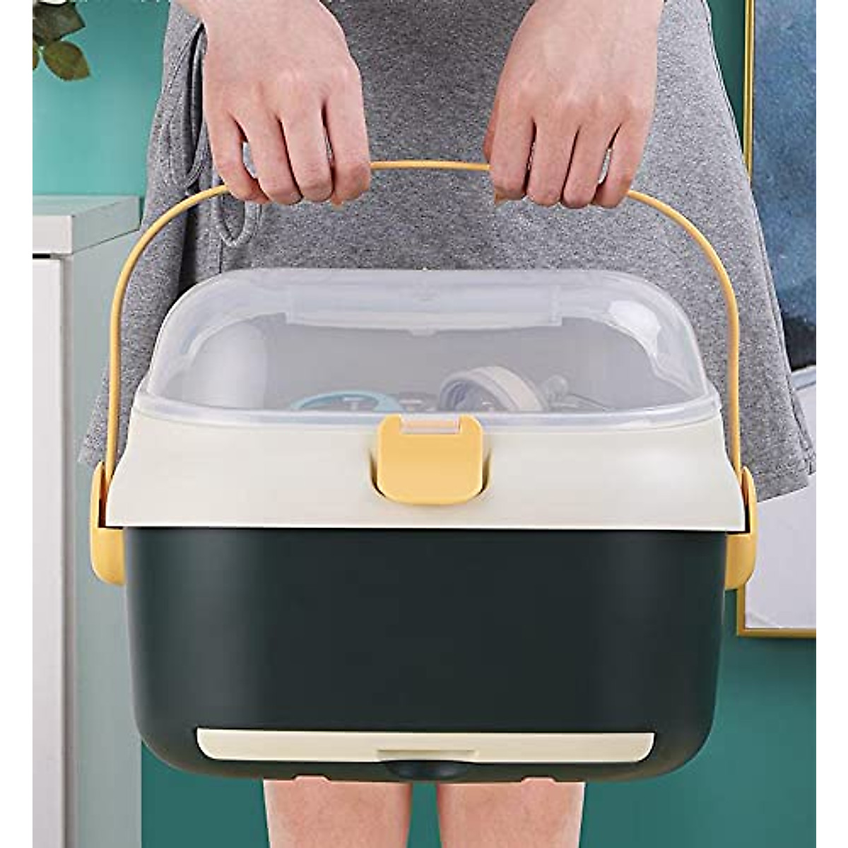 Baby Bottle Drying Rack Container with Drainer, Portable Nursing Cutlery Box Container with Cover, Bottle Holder for Baby and Toddler, Portable Kitchen Cabinet Organizer, Easy to Clean Drainer (White)