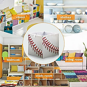 RunningBear Baseball Leather Storage Basket Storage Bin Square Collapsible Shelves Basket Foldable Fabric Cube Organizer for Living Room Car
