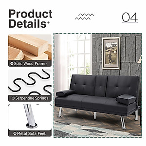 Convertible Futon Sofa Bed, Modern Leather Couch Upholstered Loveseat Sleeper Sofa with Cup Holder and Adjustable Back, Recliner Folding for Living Room, Apartment, Office (Black)