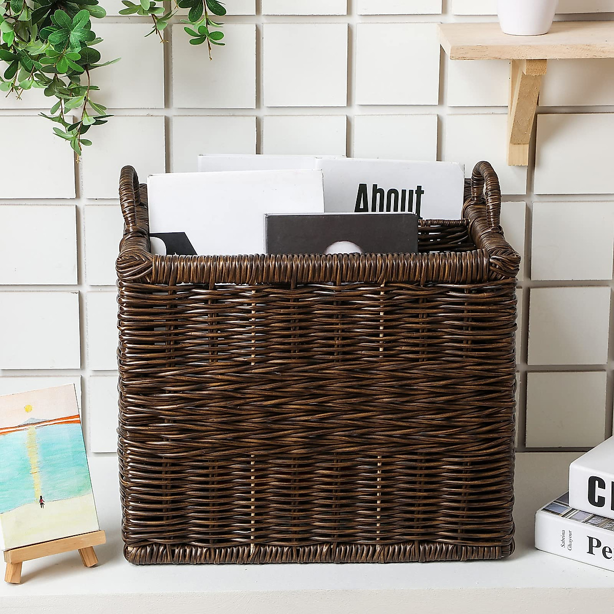 Qunclay Magazine Basket Wicker Divided Magazine Basket Rectangular Wicker Newspaper Holder, 15.4 x 12 x 12.6 Inch (L x W x H), Antique Walnut Brown