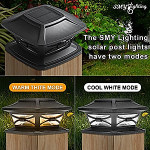 SMY Lighting Solar Post Lights Outdoor 2 Modes LED Solar Fence Cap Light for 4x4 5x5 6x6 Posts Deck Patio Garden Decoration Warm White/Cool White Lighting Black (2 Pack)