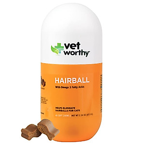 Vet Worthy Hairball Soft Chew for Cats Hairball Remedy for Cats for Digestive Aid and Hairball - Cat Supplement with Omega 3, Psyllium Husk, Brewers Yeast, Wild Alaskan Salmon Oil-45 Soft Chews