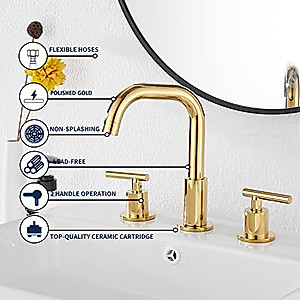 GGStudy 360° Swivel Spout Two Handles 3 Holes 8-16 inch Widespread Bathroom Sink Faucet Gold Finish Matching with Pop Up Drain