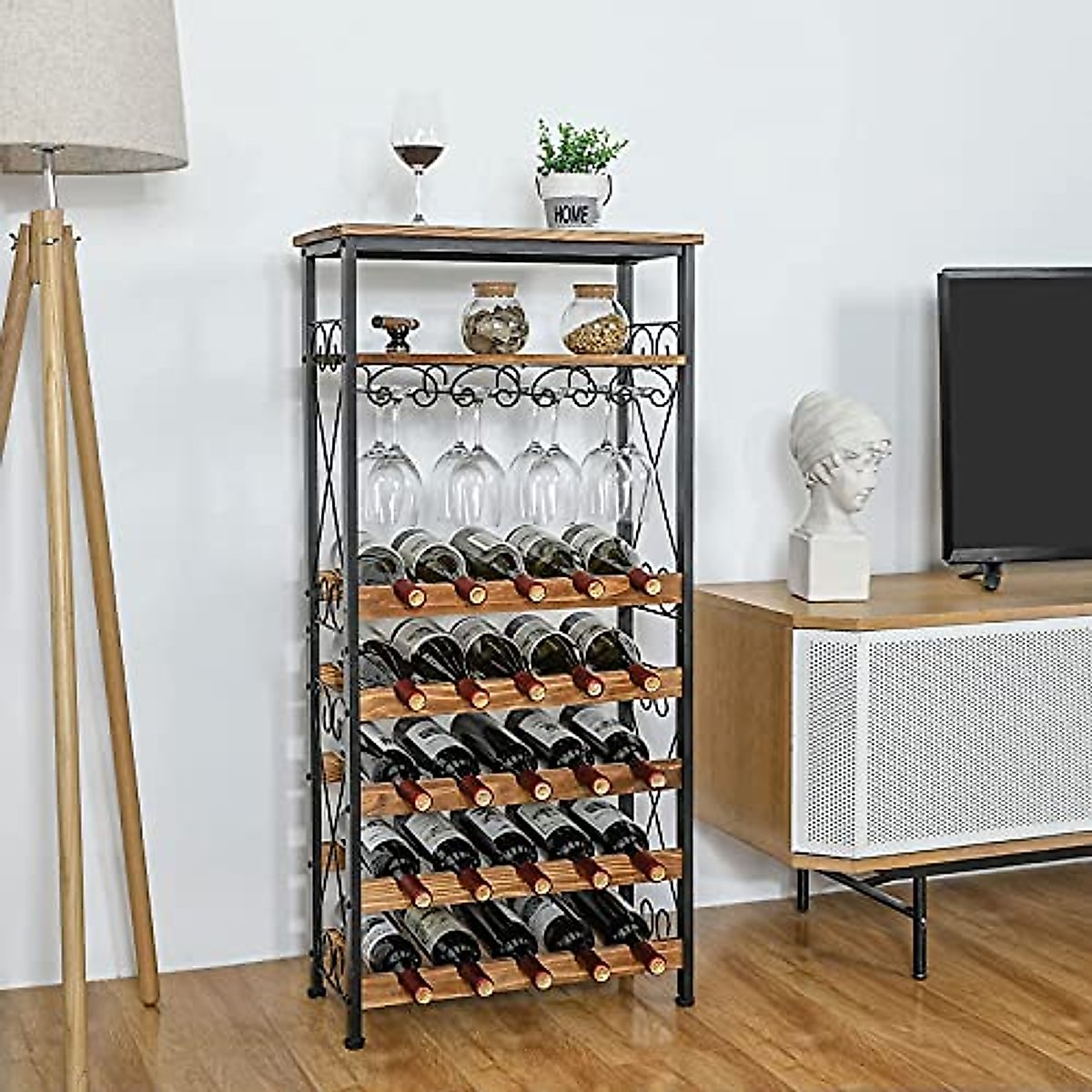 Floor Wine Rack 25 Bottles with Wine Glass Holder Rack, Freestanding Wine Rack with Table Top and Open Shelf, Wobble-Free Wine Bottle Organizer Shelf, Wine Display Storage Stand for Kitchen Pantry Bar
