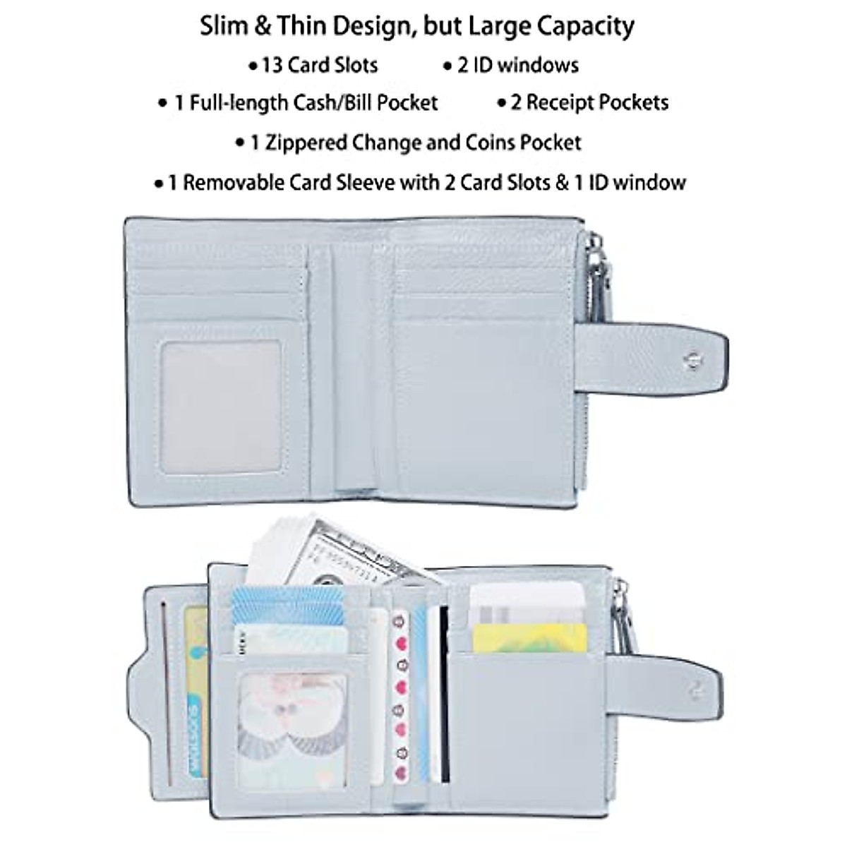 AINIMOER Women's RFID Blocking Leather Small Compact Bi-fold Zipper Pocket Wallet Card Case Purse with id Window (Lichee Grayish White)