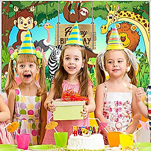 Jungle Animal Theme Backdrop for Birthday Party, Large Fabric Safari Animal Elements Printed Happy Birthday Backdrop Funny Cartoon Forest Background for Birthday Party Decorations, 6 x 3.6 ft