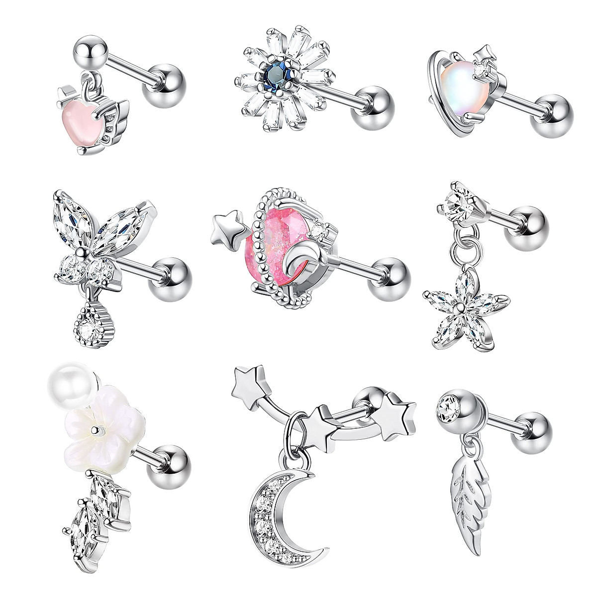 JOERICA 16G Dangle Cartilage Earrings for Women 316L Stainless Steel CZ Dangle Helix Tragus Conch Cartilage Stud Ear Piercing Jewelry