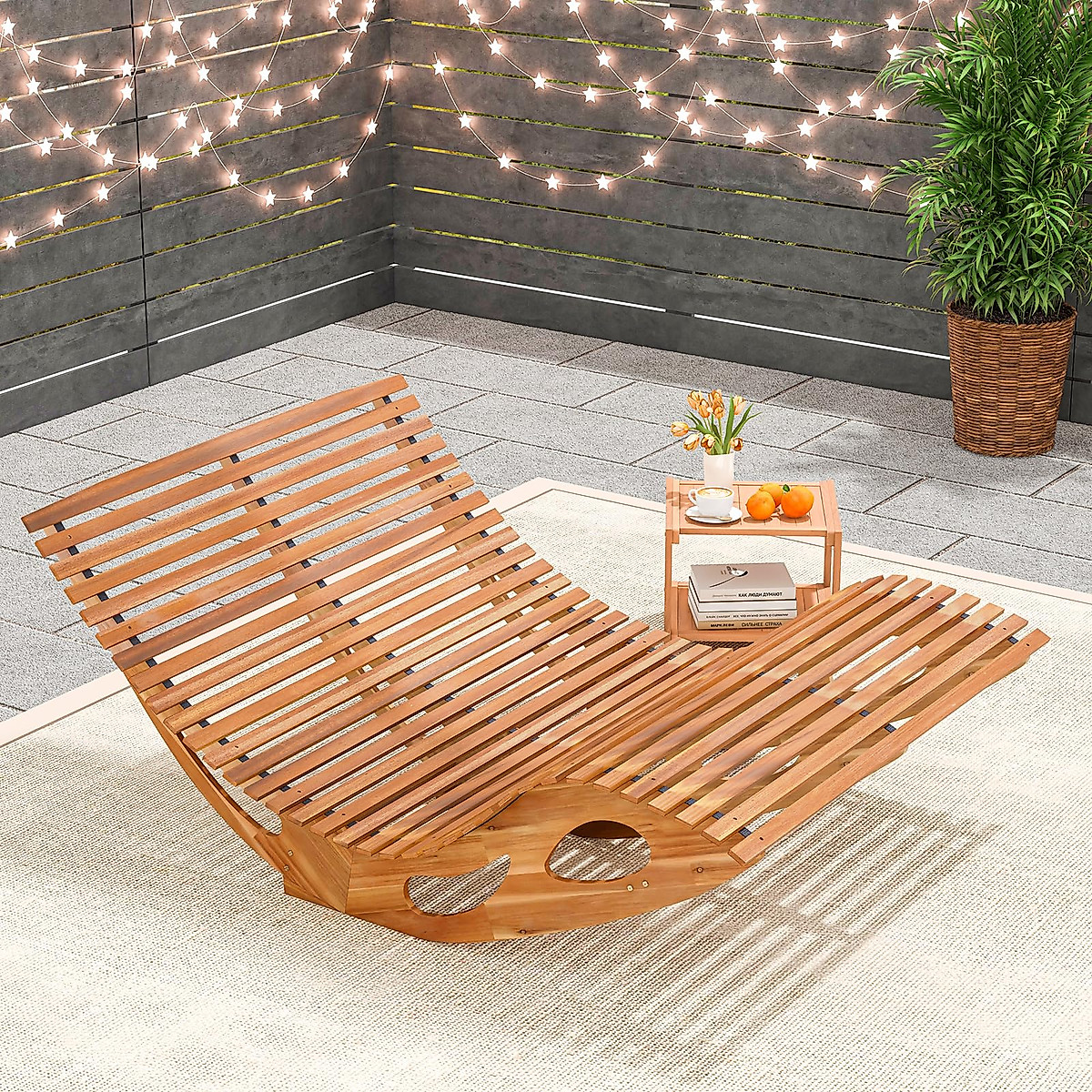 HAPPYGRILL Outdoor Acacia Wood Double Chaise Lounge, Rocking Chair with High Back, Slatted Seat, Stopper, Outside Wood Rocker for 2, 440 Lbs Capacity Sun Lounger Loveseat