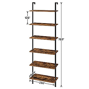 HOOBRO 5-Tier DIY Ladder Shelf and 6-Tier Wall Mounted Bookshelf, Office Vertical Bookcase, Wooden Storage Shelves for Home Office, Bedroom, Rustic Brown BF53CJ01-BF65CJ01