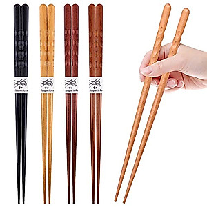 GLAMFIELDS Reusable Chopsticks Japanese Natural Wooden 5 Pairs Classic Style Lightweight Hand-Carved Safe Chop Sticks 8.8 Inch/22.5cm Gift Set