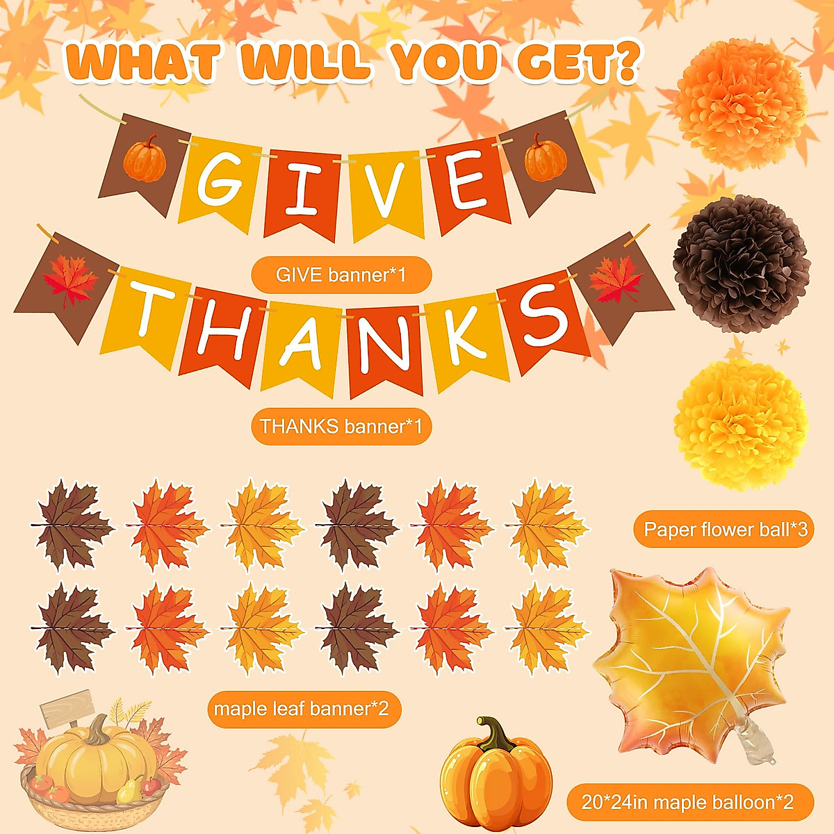 Ouddy Life Thanksgiving Party Decorations, Thanksgiving Hanging Decoration Include Give Thanks Banner Maple Leaves Garland Balloon Paper Pom for Thanksgiving Fall Home Classroom Indoor Office Supplies