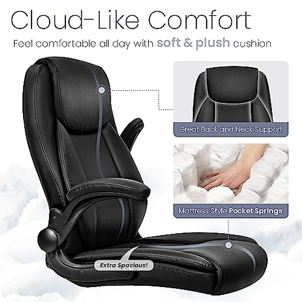 NEO CHAIR Ergonomic Office Chair PU Leather Executive Chair Padded Flip Up Armrest Computer Chair Adjustable Height High Back Lumbar Support Wheels Swivel for Gaming Desk Chair (Black)