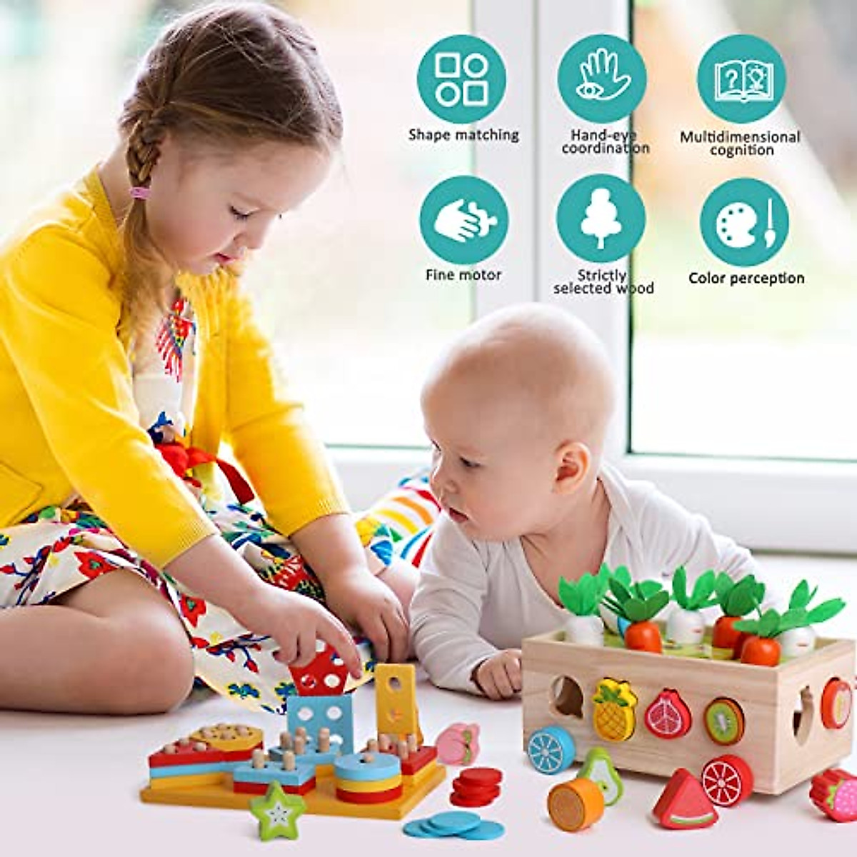 BEAUAM Toddlers Montessori Educational Toys for Boys 2 3 4 Year Old Girls, Wood Shape Classification Toys for Gifts for Children 2-4, Wood Preschool Carrot Harvest Game