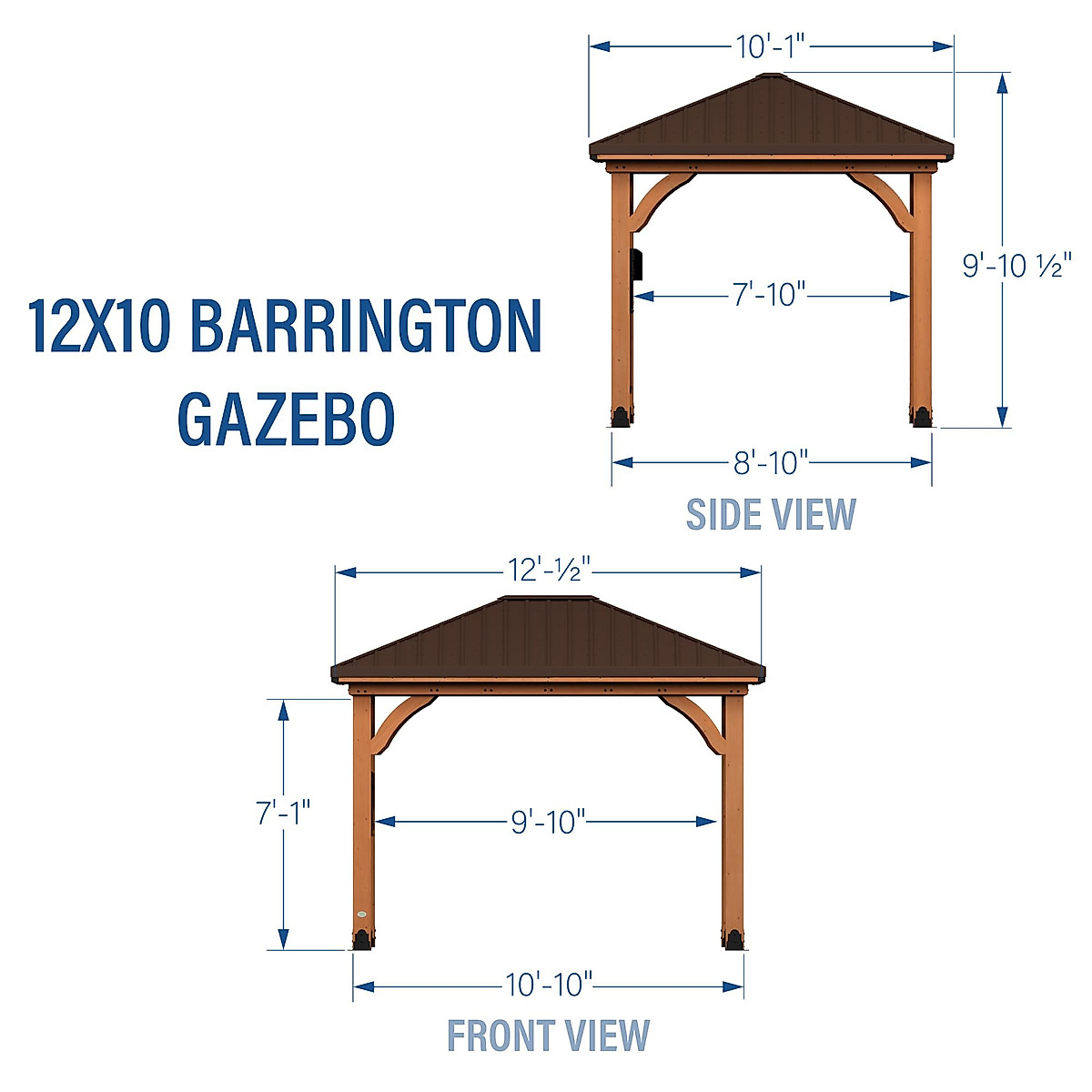 Backyard Discovery Barrington 12' x 10' Cedar Wood Outdoor Gazebo Pavilion with Hardtop Galvanized Steel Hip Roof, Snow Support, Wind Resistance, PowerPort, Shade for Garden, Patio, Deck, Entertaining