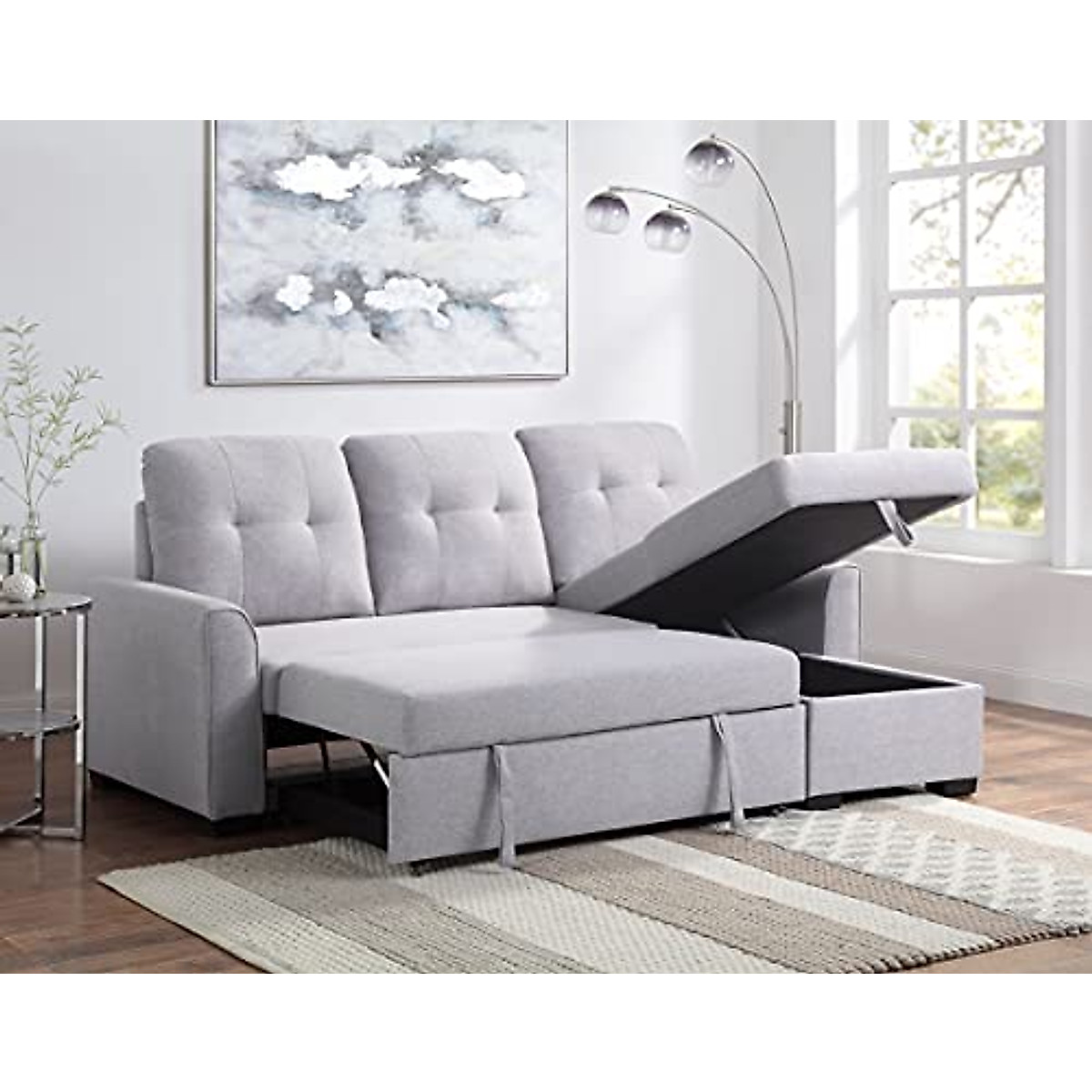 HABITRIO Sectional Sofa with Reversible Chaise, 92" Loveseat Sofa Couch with Pull-Out Bed and Storage Chaise Lounge, L-Shaped 3-Seat Light Grey Fabric Upholstered Sleeper Sofa for Living Room