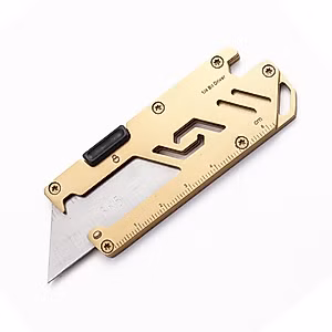 KUNSON Stainless Steel Pocket Utility Knife, Portable EDC Retractable Box Cutter for Cartons, Cardboard and Boxes, Quick-Change Blade, Safety Lock Design, Extra 5 Blades Included (Gold)