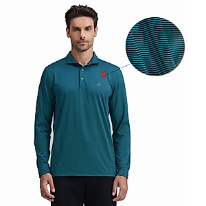 Long Sleeve Golf Shirts for Men UPF 50+ Sun Protection Casual Activewear Striped Mens Polo Turquoise
