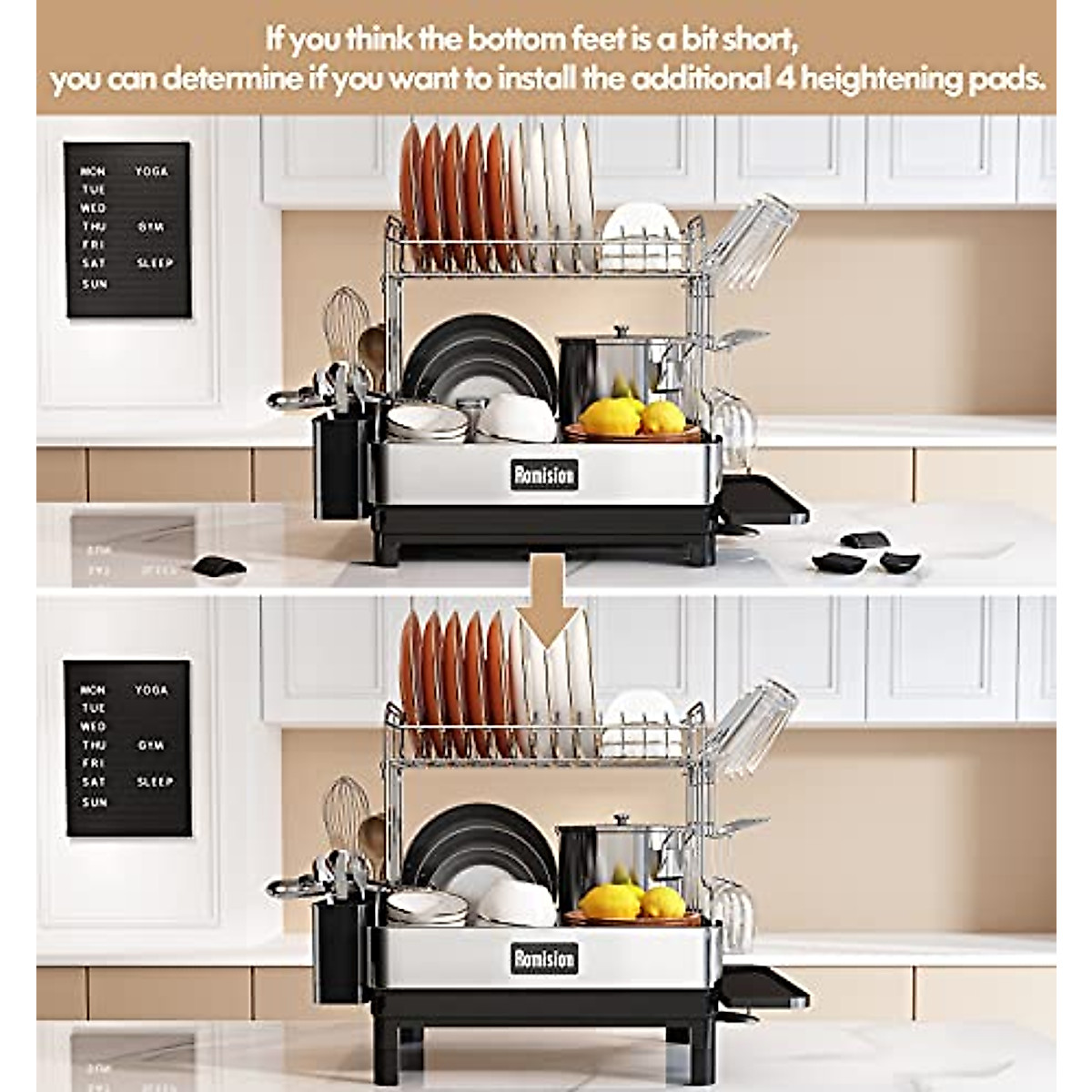 romision Dish Rack and Drainboard Set, 304 Stainless Steel 2 Tier Large Dish Drying Rack with Swivel Spout, Dish Strainer for Kitchen Counter with Utensil Holder, Cup Rack, Water Tray