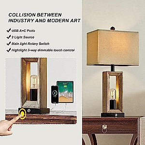 G-SAFAVA 25&quot; Farmhouse USB C+A Charging Ports 3-Way Dimmable Touch Control Brown and Black Table Lamp with Nightlight Vintage Modern Lamps for Living Room Bedroom Hotel(2 Bulbs Included)