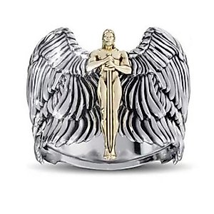 HUKQBUNX 925 Sterling Silver 18K Gold Warrior Sword Angel Wings Two Color Men's Domineering Diamond Ring Size 6-10 (Size 10), Clear,Gold