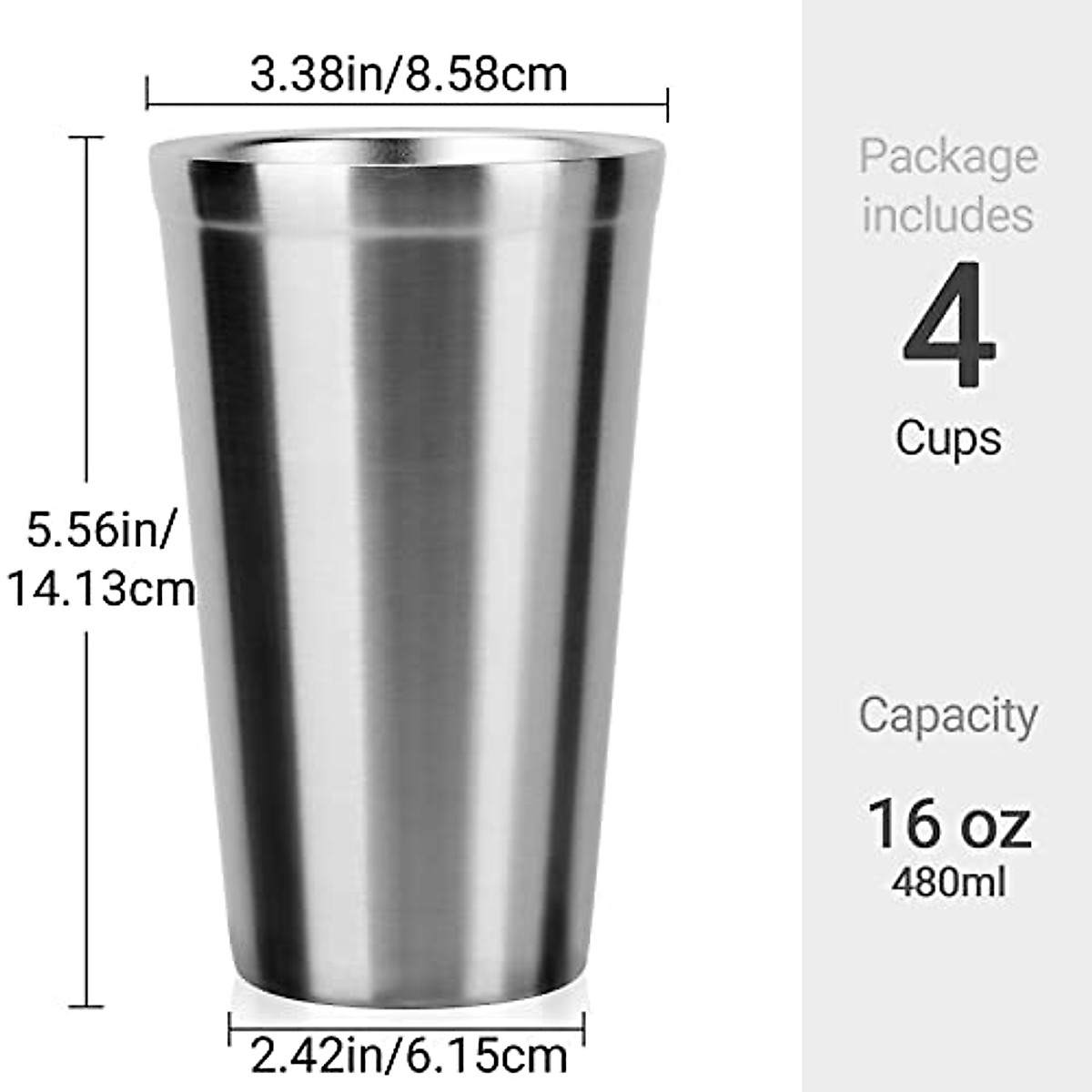 Beasea Stainless Steel Cups 16 oz, 4 Pack Stainless Steel Tumbler Stackable Double Wall Vacuum Insulated Metal Drinking Glasses for Home Restaurant Ofiice Party Camping