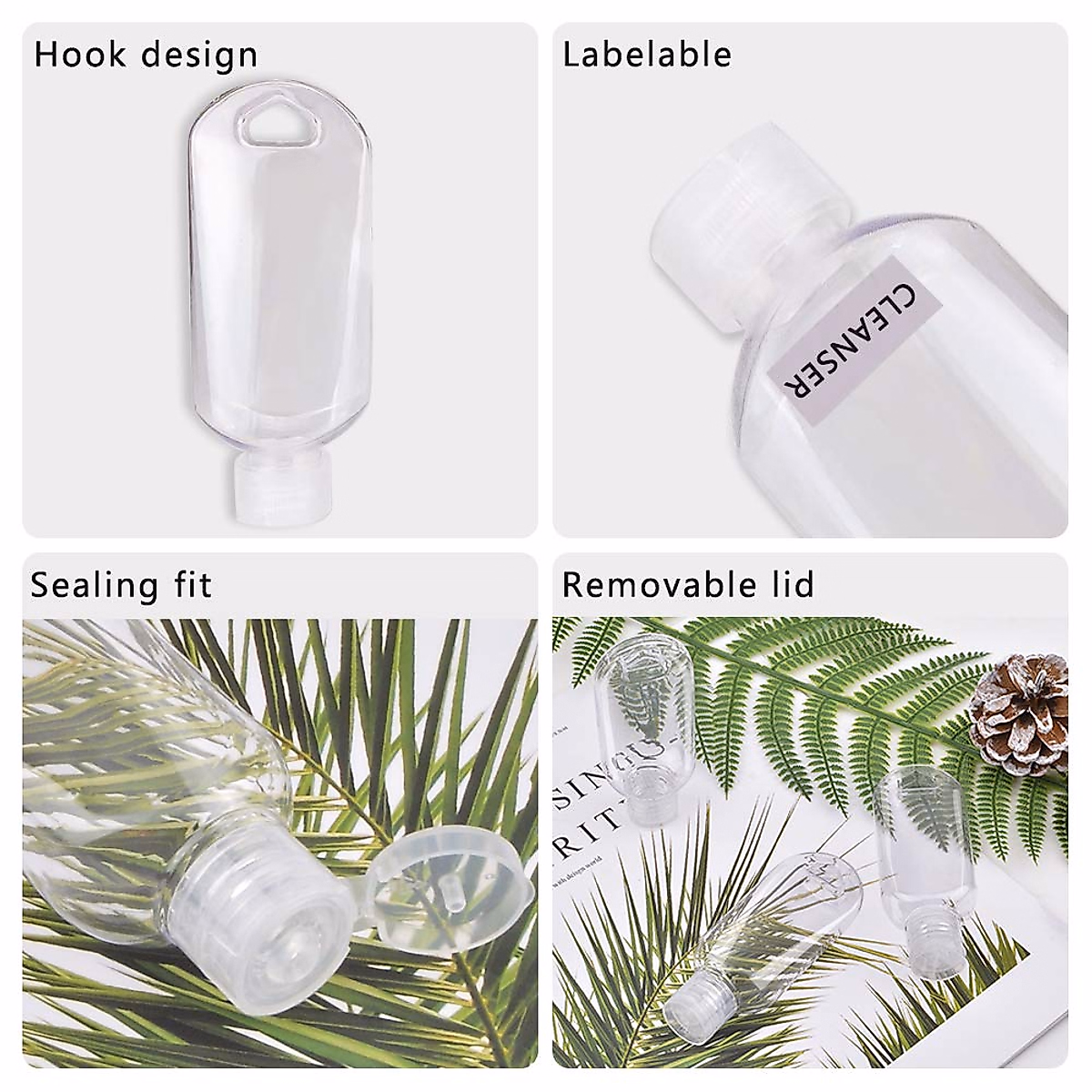 WANDIC Travel Bottles, Set of 6 Clear Plastic Refillable Travel Containers with Clips Liquid Containers with Hook for Shampoo and Toiletries, 50ml