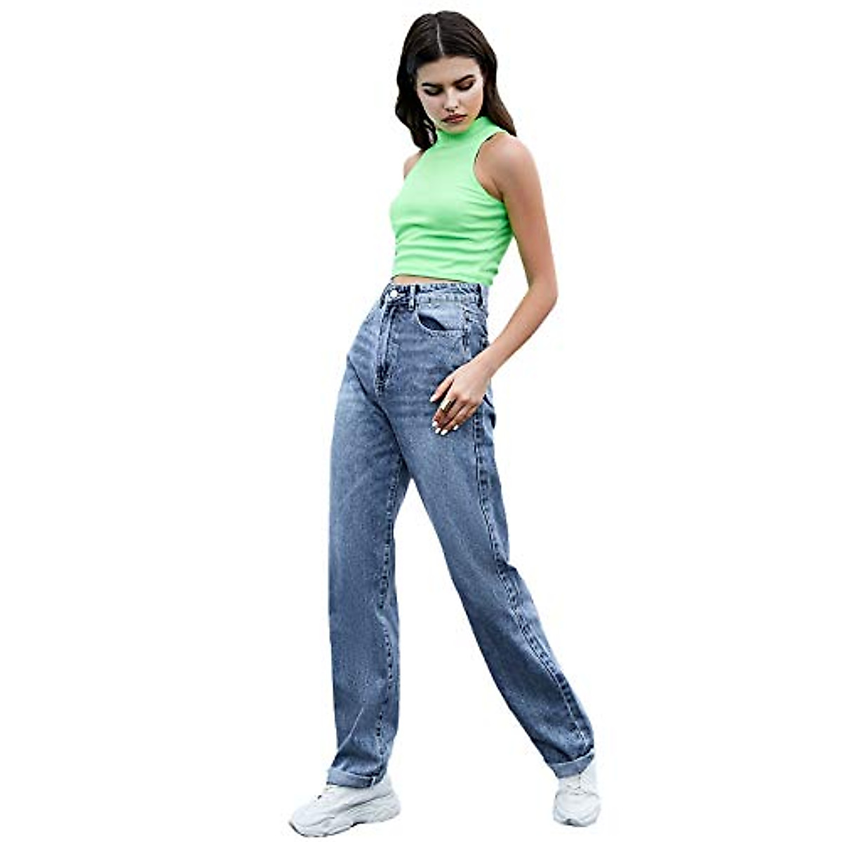 SweatyRocks Women's Casual Boyfriend Jeans High Rise Denim Pants with Pocket Blue M