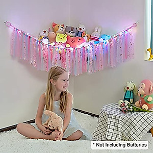 FIOBEE Stuffed Animals Net or Hammock with LED Light, Toy Hammock Hanging Stuffed Animals Storage Organizer Holder Room Décor with Tassels for Nursery Play Room Kids Bedroom