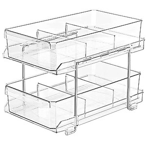 DYFAIS 2 Tier Clear Organizer with Dividers, Multi-Purpose Slide-Out Storage Container, Kitchen Pantry Medicine Cabniet Bins, Bathroom Vanity Counter Organizing Tray, Under Sink Closet Organization