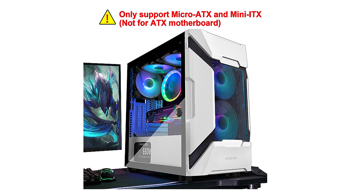 MUSETEX Mesh MATX (Micro-ATX) Mid Tower Case with 5 PCS × ARGB Fans Pre ...