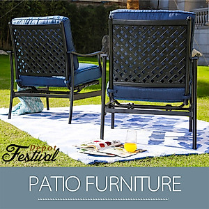 Festival Depot Patio Set of 2 Dining Chairs with Thick Cushions Metal Frame Outdoor Furniture for Bistro Deck Garden (Blue)