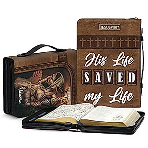 Jesuspirit Personalized Zippered Leather Bible Cover with Handle Large Size - Lion & Jesus Customized Bible Carrying Case - His Life Saved My Life - Perfect Gift for Pastors, Apostle, Church Members
