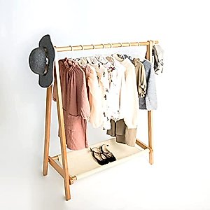 Kids Clothing Rack with Hanging Rod and Bottom Shelf Storage Space- Lightweight and Durable Wooden Frame- Child Garment Rack for Small Space