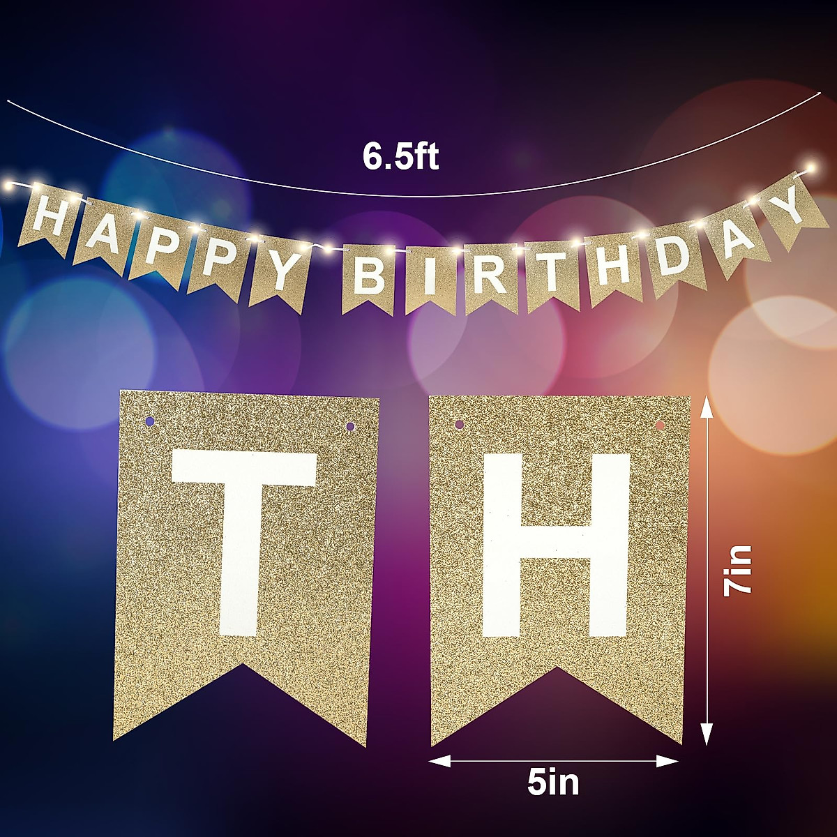 RUBFAC Pre-Strung Happy Birthday Banner - NO DIY - Gold Glitter Birthday Party Banner with 2pcs Fairy Lights for Birthday Party Decorations, Rose Gold Happy Birthday Sign