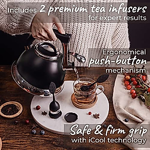 Whistling Tea Kettle with iCool - Handle, Surgical Stainless Steel Teapot for Stovetop, 2 FREE Infusers Included, 3 Quart by Pykal