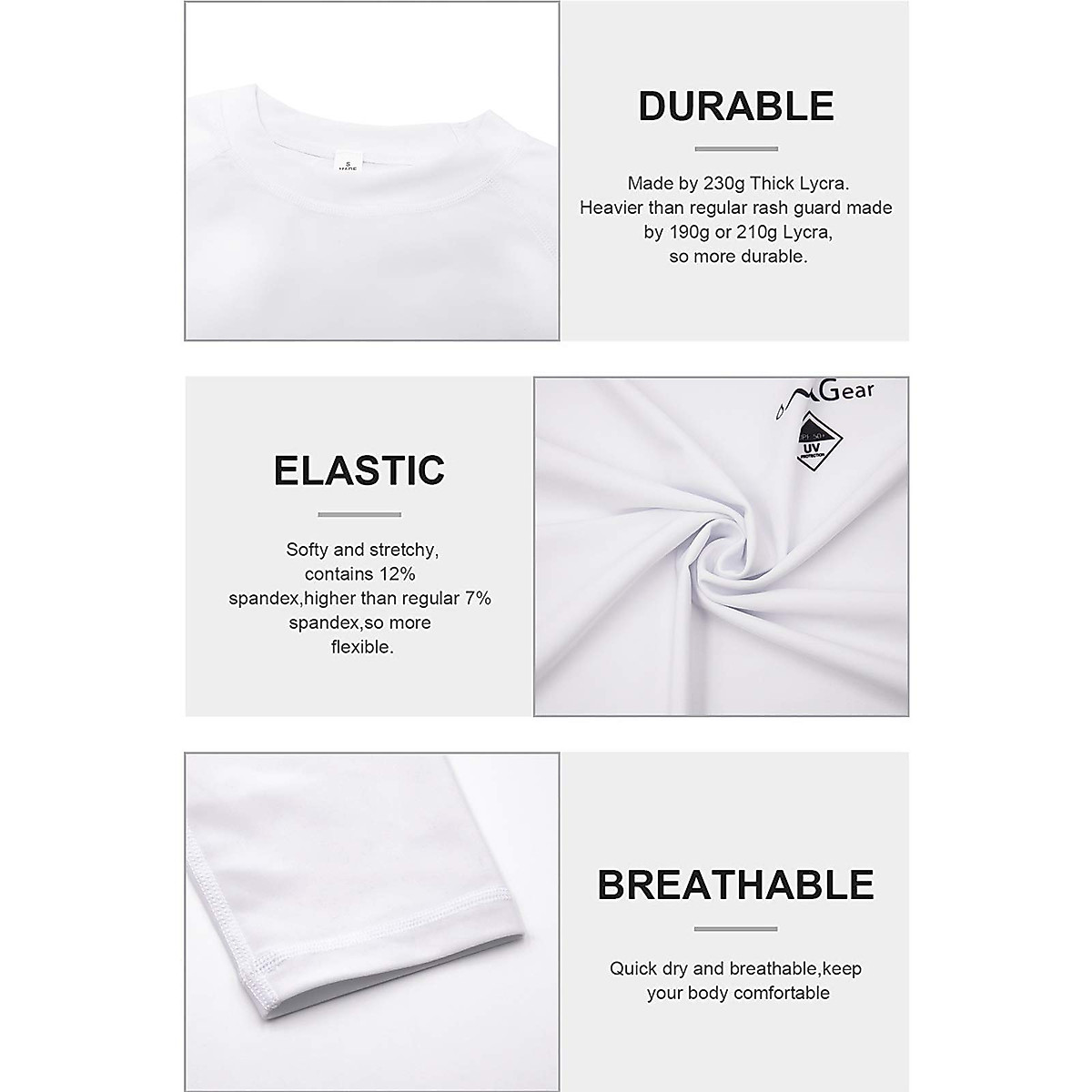 OMGear Rash Guard Swim Shirt Sun Block Short Long Sleeve Surf Tee Swimsuit Top (White(Short Sleeve), S)