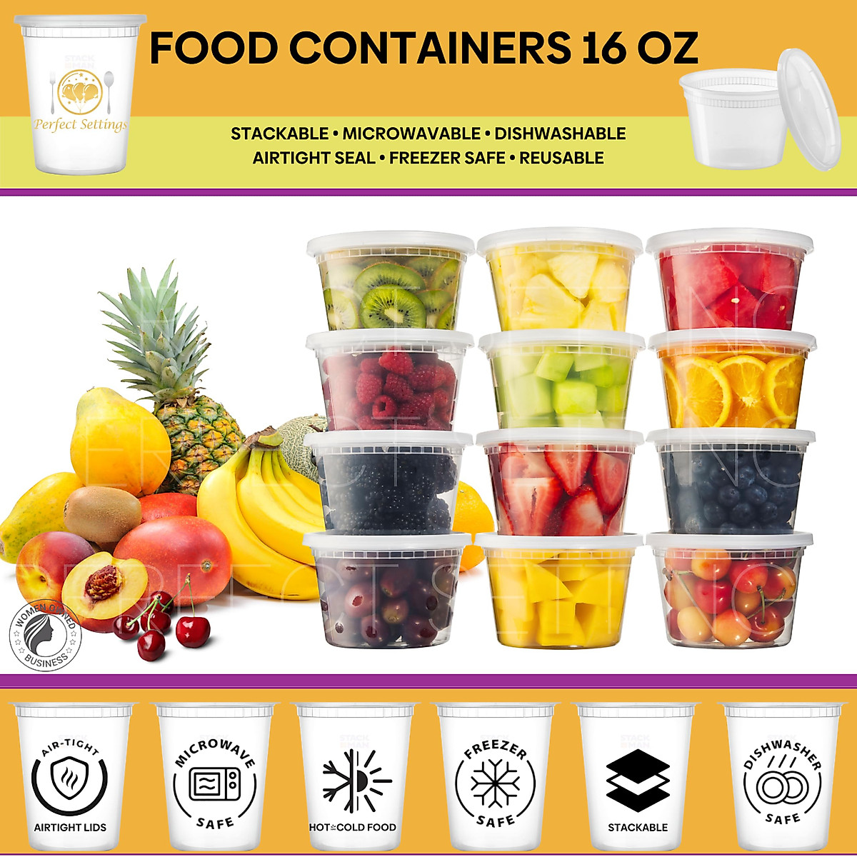 Perfect Settings 16 oz Deli Containers with Lids [40 Sets] Leakproof, Microwavable, Freezer, Dishwasher Safe, Pint Size Plastic Food Storage Container