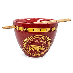 Boom Trendz Year Of The Pig Chinese Zodiac Ceramic Dinnerware Set Includes 16-Ounce Ramen Noodle Bowl Wooden Chopsticks Asian Food Dish Set Home & Kitchen Kawaii Lunar New Year Gifts, Red, One Size
