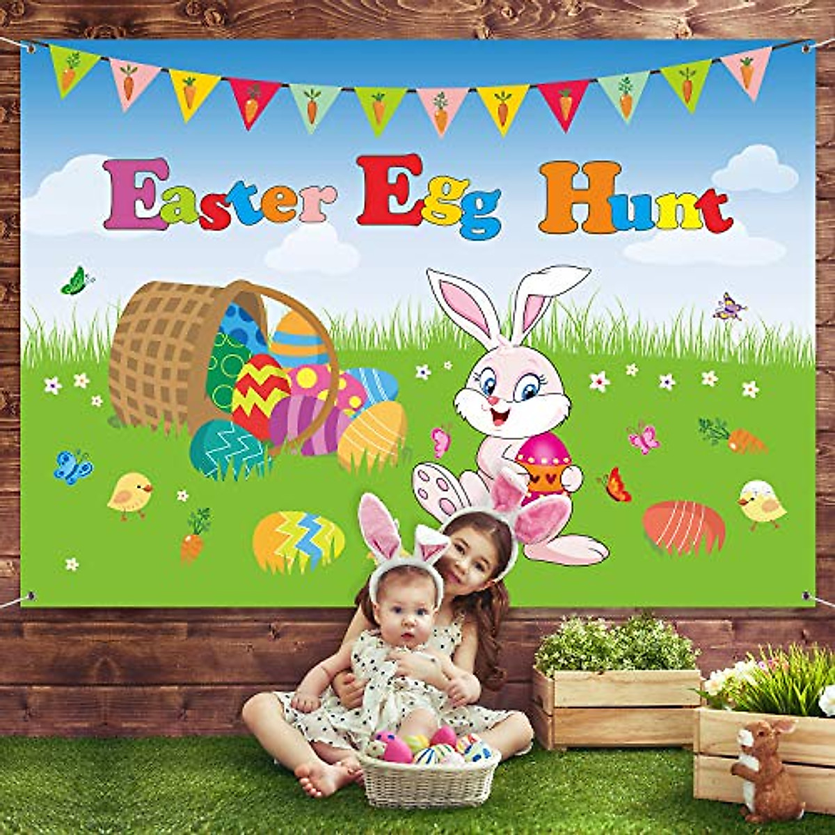 Easter Party Decorations Large Fabric Easter Egg Bunny Hunt Background Banner and Chick Sign Easter Hunt Game Banner Poster Photo Booth Backdrop with Rope for Spring Easter Party Supplies 7 x 5 ft
