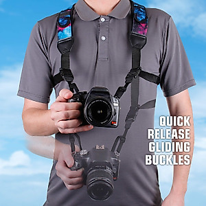 USA Gear DSLR Camera Strap Chest Harness with Quick Release Buckles, Galaxy Neoprene Pattern and Accessory Pockets - Compatible with Canon, Nikon, Sony and More Point and Shoot and Mirrorless Cameras