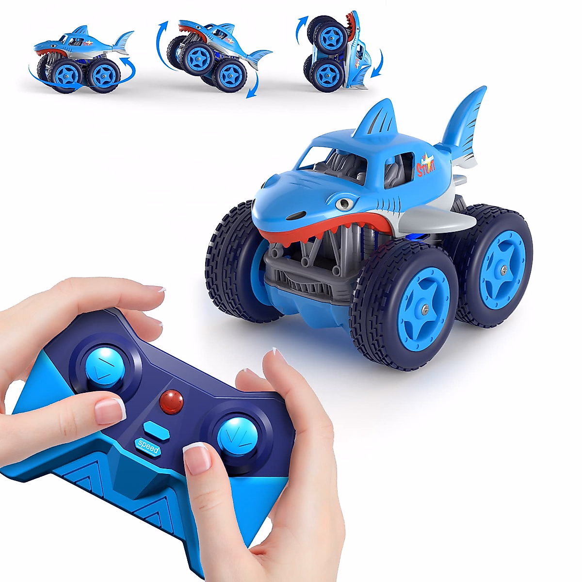 MaxTronic Mini Remote Control Car, 4WD 2.4Ghz Remote Control 360° Rotating Built-in Rechargable Battery Fast Mini Stunt RC Car, Shark Car Truck Toys Gifts for 3-12 Years Old Boys Girls
