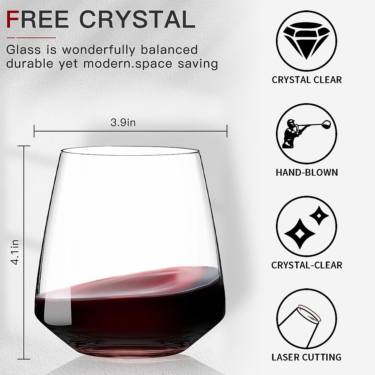 Stemless Wine Glasses Set of 4-15 oz Clear-Modern Hand-Blown Wine Glasses, European Design Crystal Glass For Red & White Wine, Unique Gifts for Wedding, Birthday，Christmas