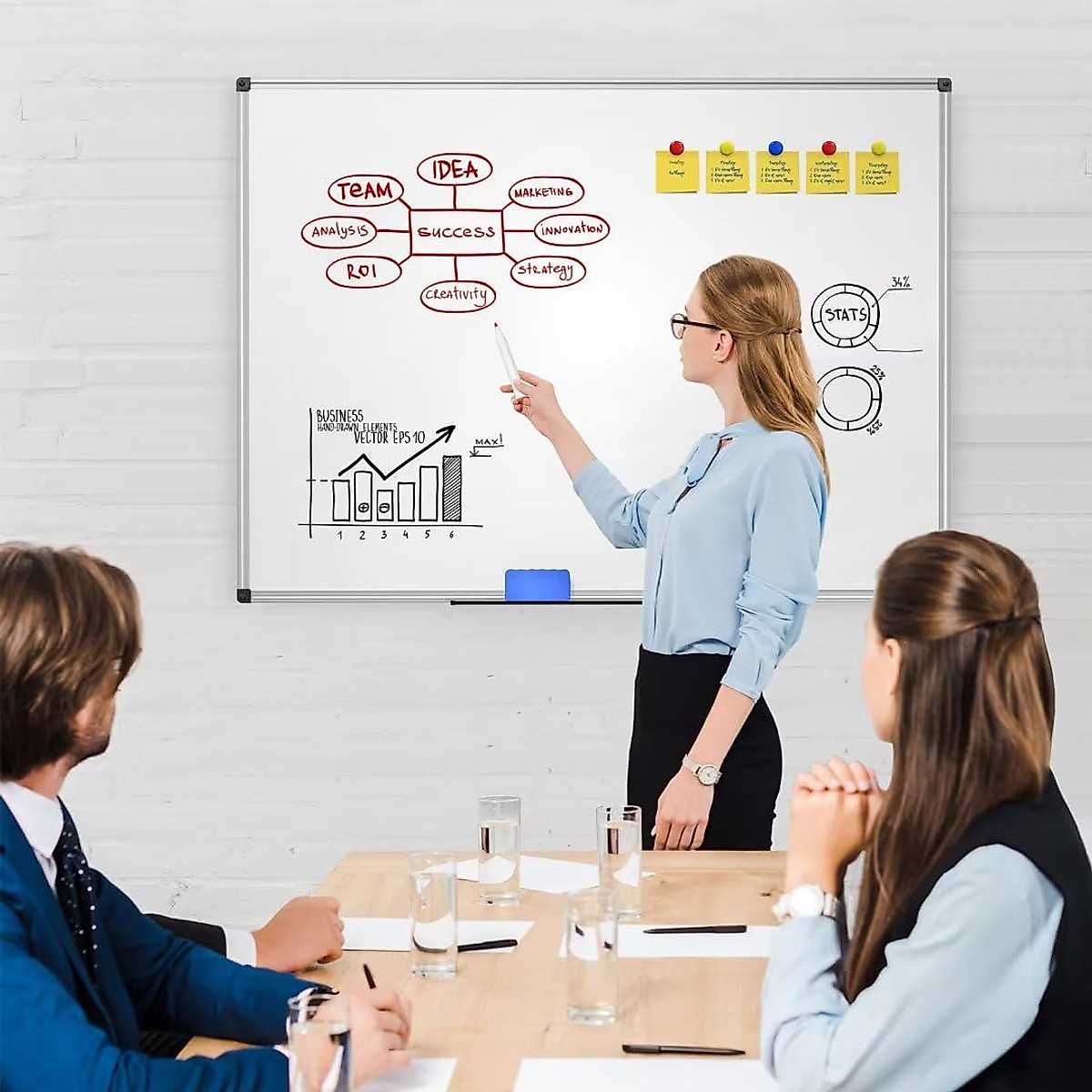 SunyesYoon Magnetic Dry Erase Whiteboard 48 x 36 Inch - 4 x 3 Large White Board, Silver Aluminum Frame Wall-Mounted, Magnetic Eraser, 2 Pen, Detachable Marker Tray, 6 Magnets for Office, School