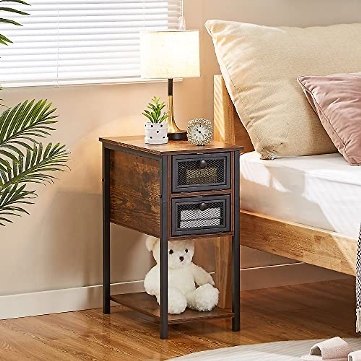 VECELO Flip Top Narrow Side Table with Storage Shelf, Wood Look Accent Furniture for Living Room Bedroom,Brown(Set of 2), 2 Set