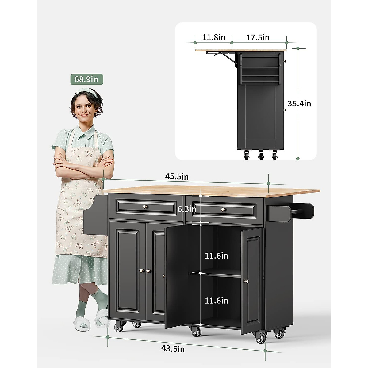 Qsun Kitchen Island with Storage, Kitchen Cart on 5 Universal Wheels, Mobile Kitchen Island with Rubber Wood Top and Side Rack (Black)