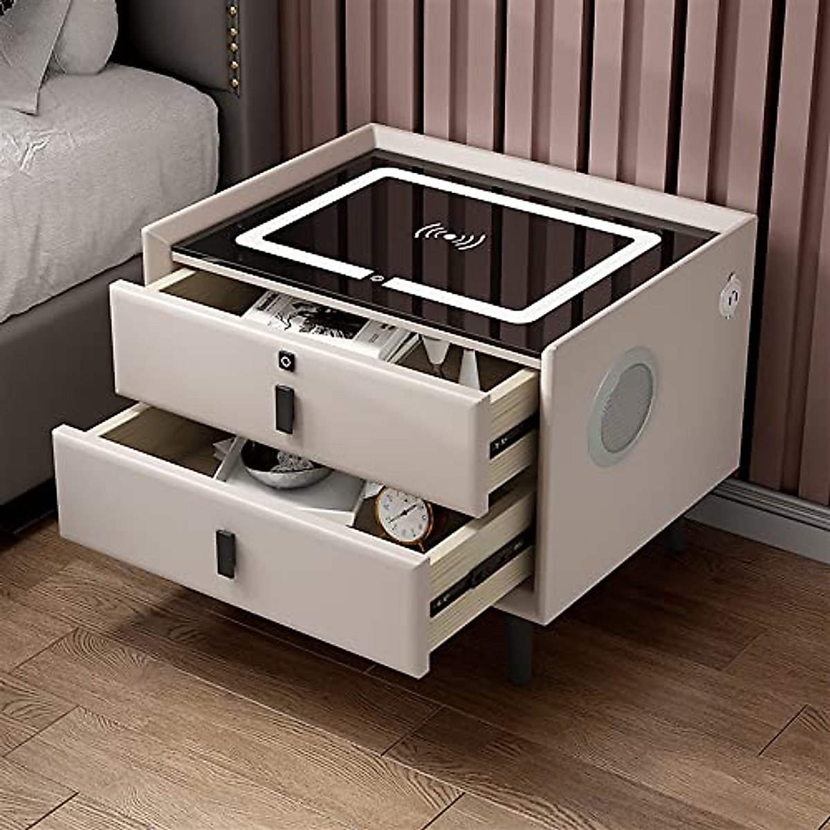 SXGWS Solid Wood End Table with Charging Station Wireless and LED Lights,Bluetooth Speaker Side Table，with 2/3 Storage Drawers for Bedroom Living Room (Color : White with 2 Drawers)