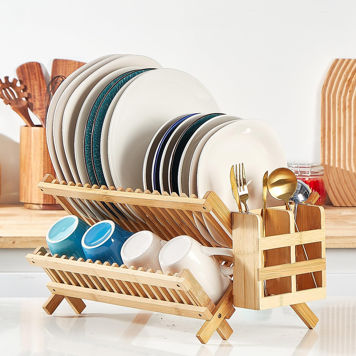 NOVAYEAH Bamboo Dish Drying Rack-2 Tier, Collapsible Small Dish Rack with Utensil Holder, Wooden Drying Rack for Kitchen Counter, Apartment Essentials Kitchen Plate Holder, Kitchen Organization