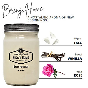 Nika's Home Baby Powder Soy Candle 12oz Mason Jar Non-Toxic White Soy Candle-Hand Poured Handmade, Long Burning 50-60 Hours Highly Scented All Natural, Clean Burning Large Candle Gift Décor