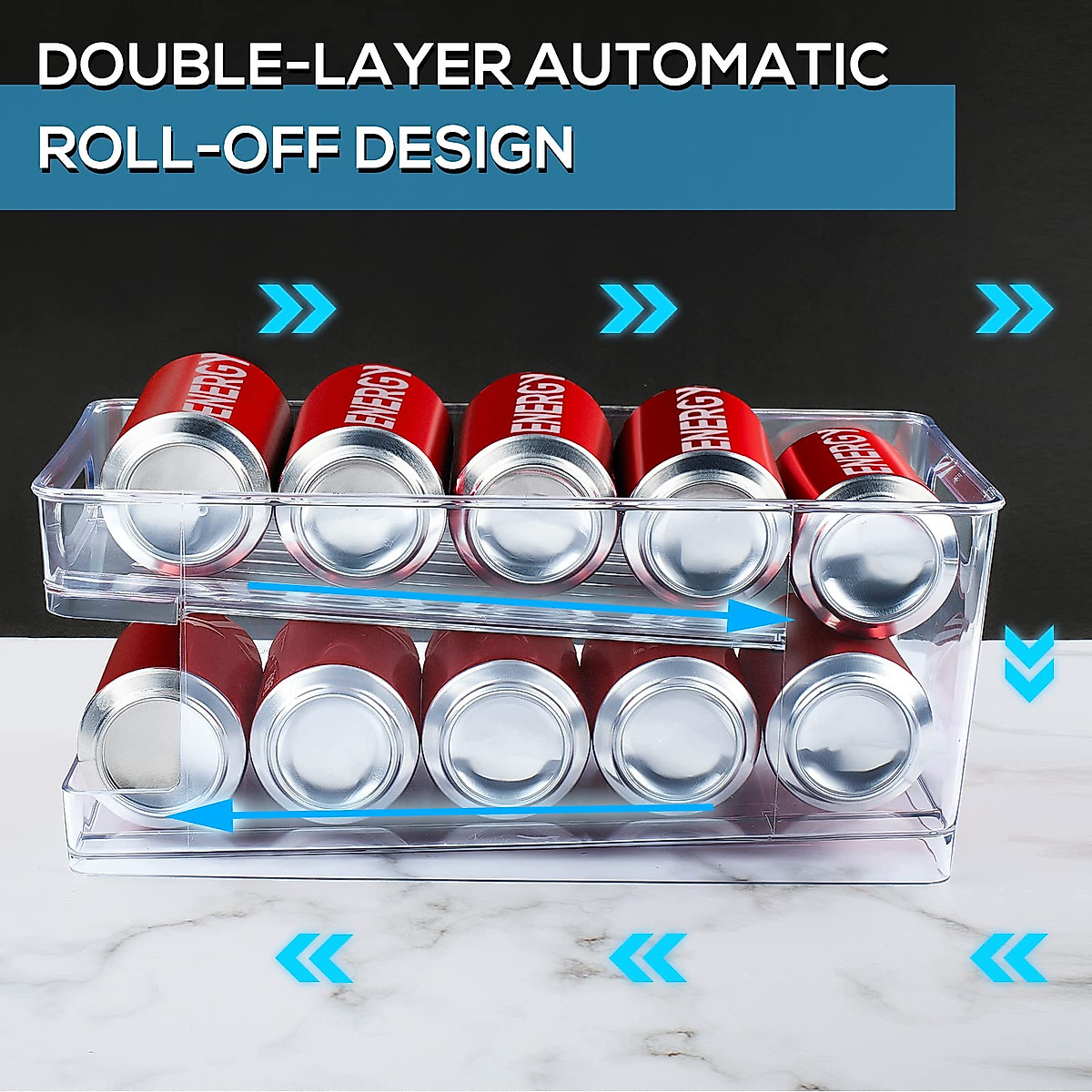 Set of 2 Drink Organizer for Fridge Soda Can Organizer for Refrigerator Automatic Rolling Double Layer Can Dispenser Stackable Can Drink Holder Drink Storage Rack Plastic Beer Dispenser Bin Container