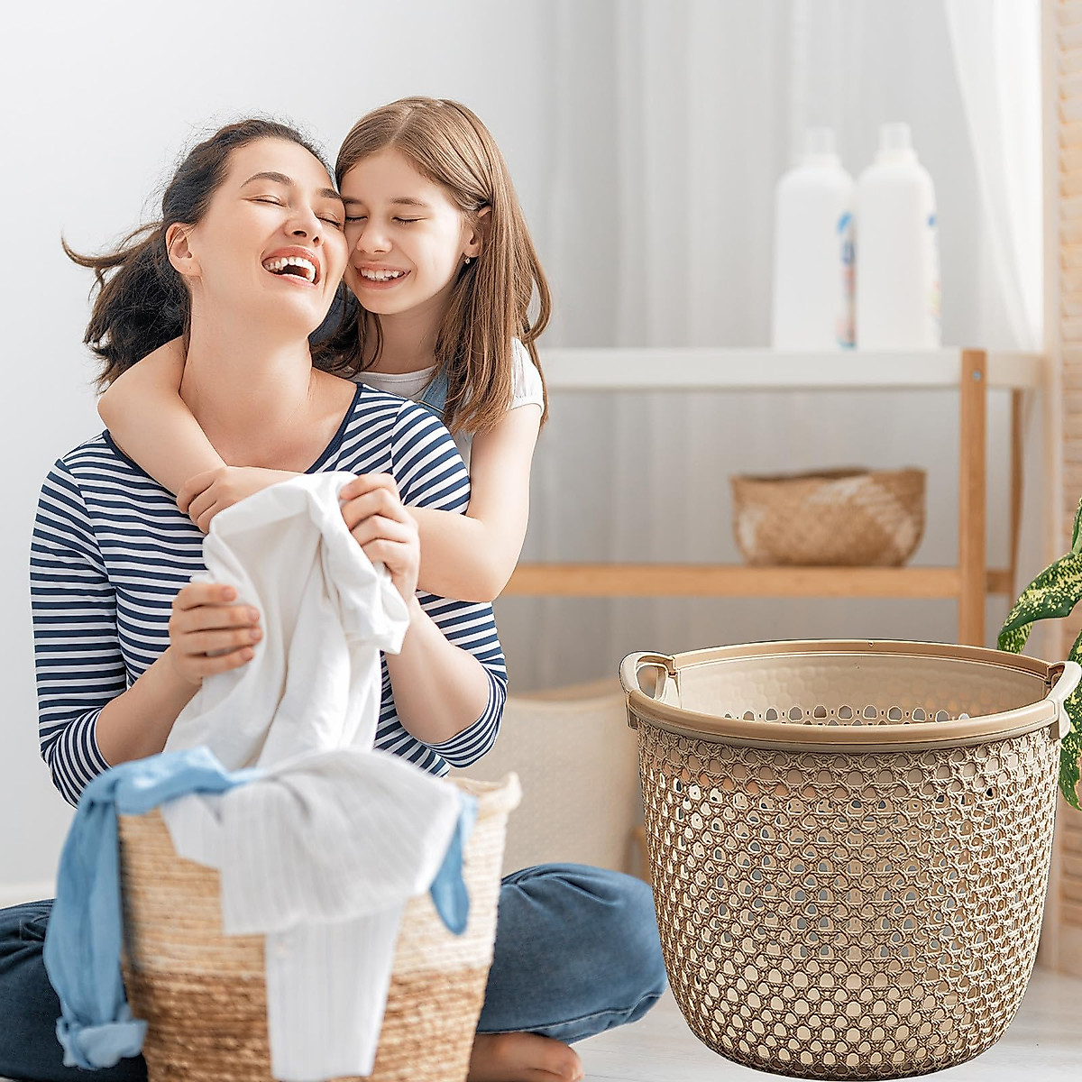 Generic Flexible Large Capacity Round Hamper, Plastic Hamper for Clothes, Ventilated Laundry Basket Clothes Bin with Carry Handles, Portable Hollow Laundry Basket (Beige), LB062505